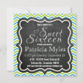 Blue and Lime Chevron Chalkboard Sweet 16 Party Invitation | Zazzle