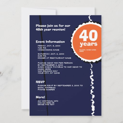 Blue and Orange 40 Year Class Reunion Invitation | Zazzle