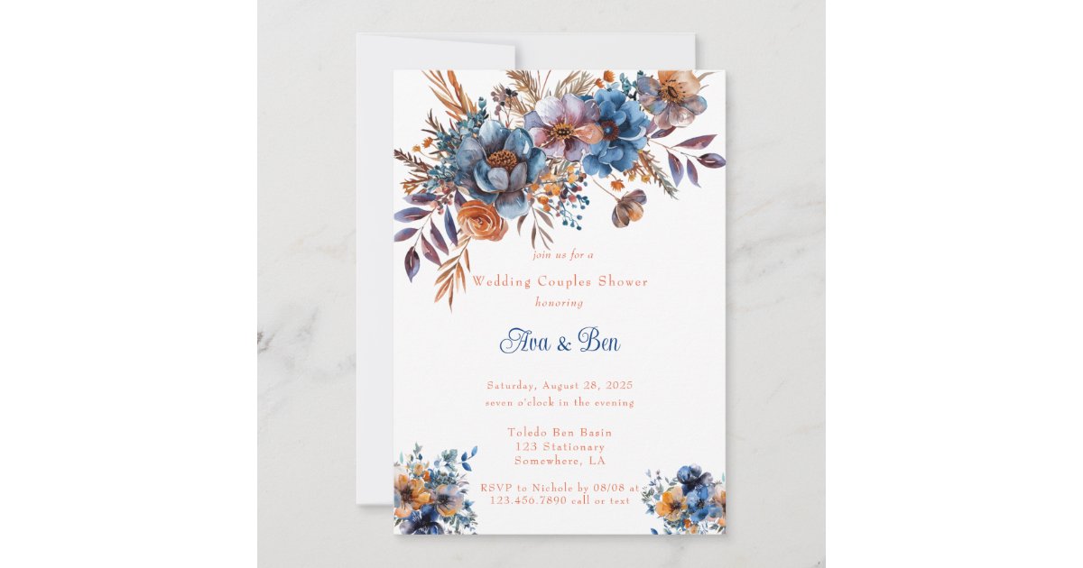 Blue and Orange Floral Wedding Couples Shower Invitation | Zazzle