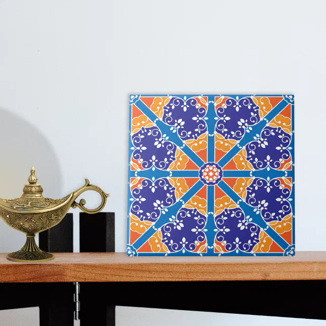 Blue And Orange Mediterranean Spanish Pattern Ceramic Tile | Zazzle