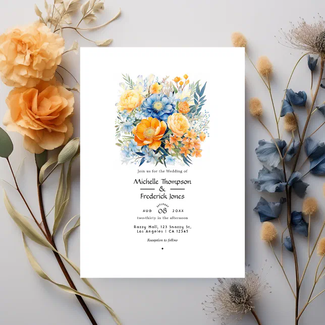 Blue and Pale Orange Floral Spring Wedding Invitation | Zazzle