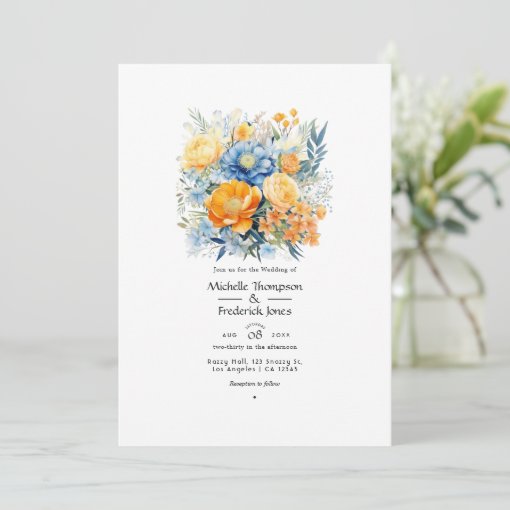 Blue and Pale Orange Floral Spring Wedding Invitation | Zazzle