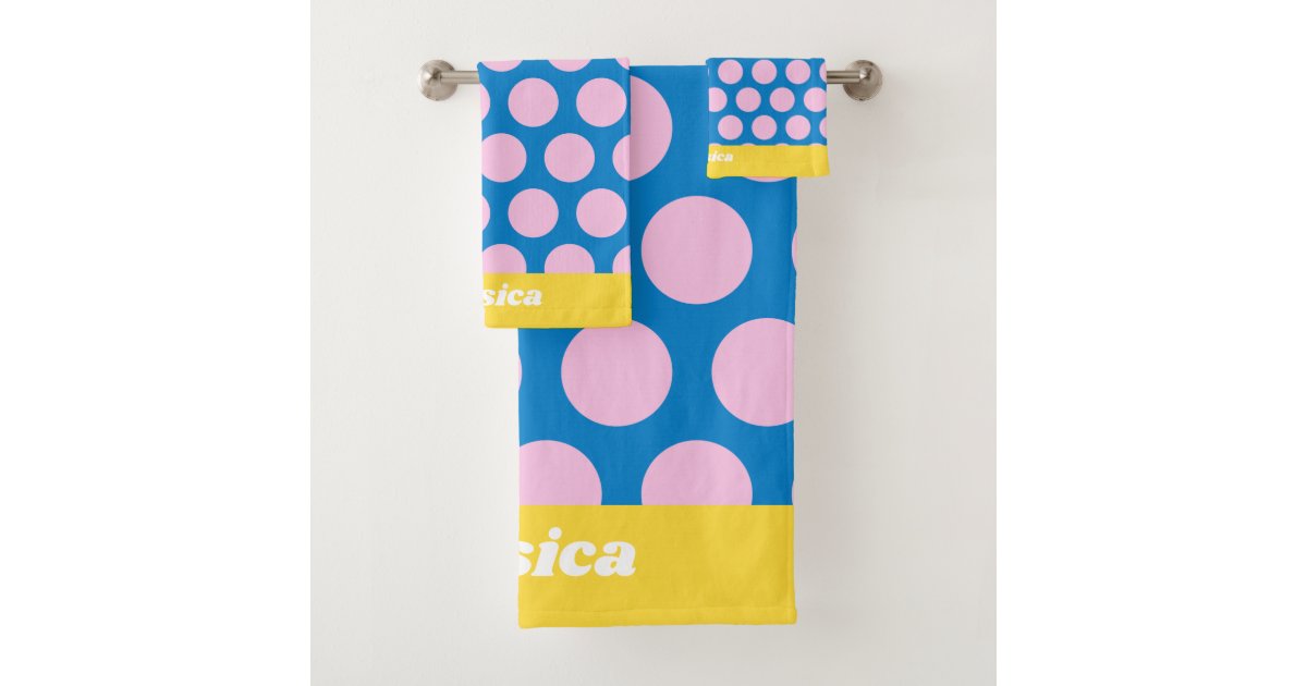 Blue and Pink Big Polka Dot Pattern Personalized Bath Towel Set | Zazzle