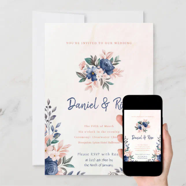 Blue and Pink Floral Wedding Invitation | Zazzle