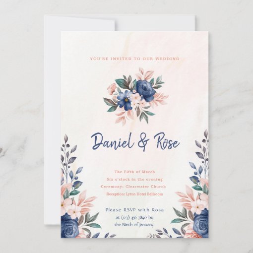 Blue and Pink Floral Wedding Invitation | Zazzle
