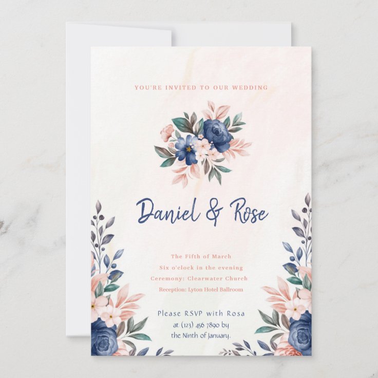 Blue and Pink Floral Wedding Invitation | Zazzle