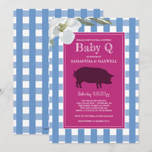 Blue and Pink Gingham Baby Q Invitation | Zazzle