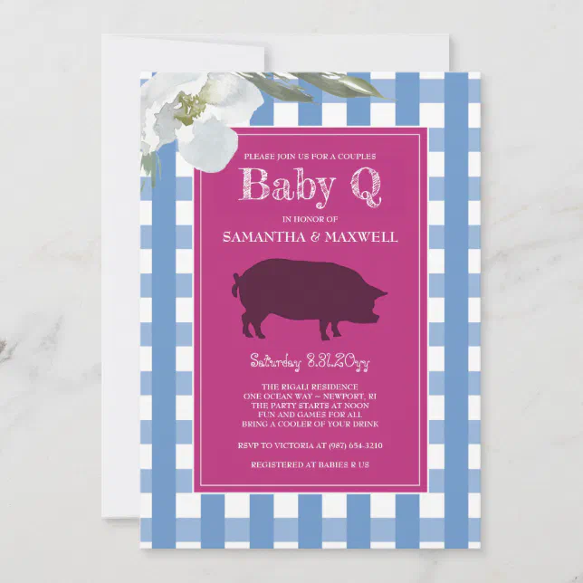 Blue and Pink Gingham Baby Q Invitation | Zazzle