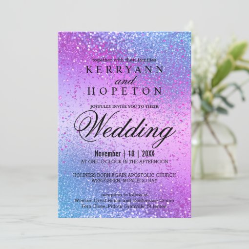 Blue and Pink Glitter Invitation | Zazzle