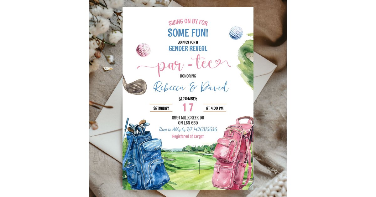 Blue and Pink Golf Theme Gender Reveal Par Tee Invitation | Zazzle
