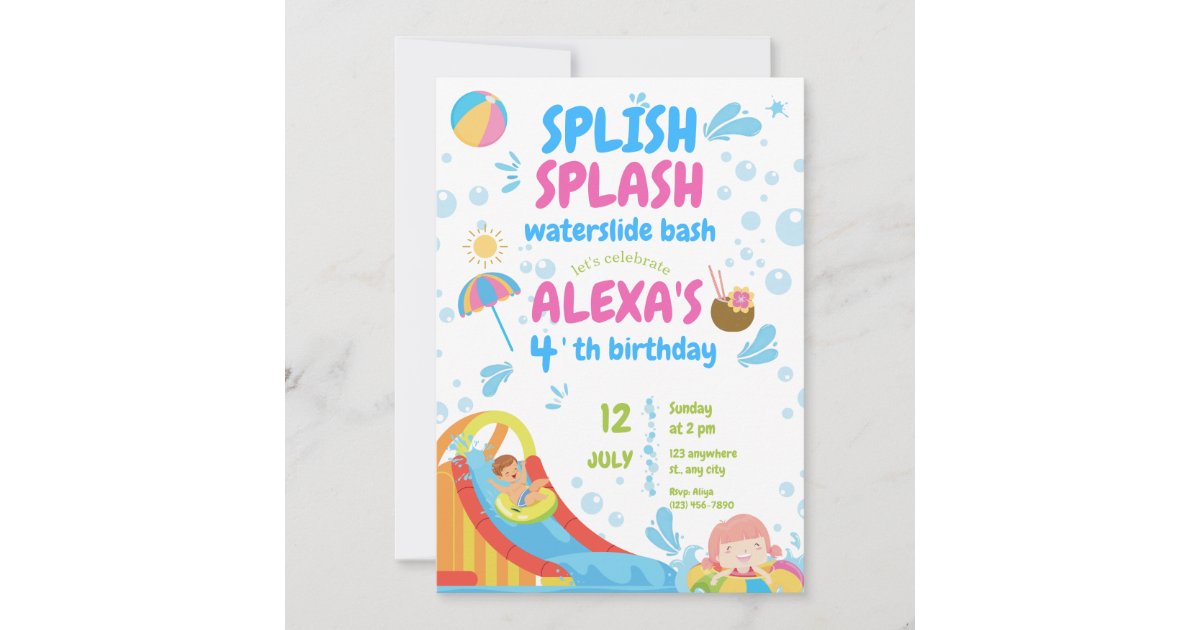 Blue and Pink Inflatable Pool Party Girl Birthday Invitation | Zazzle