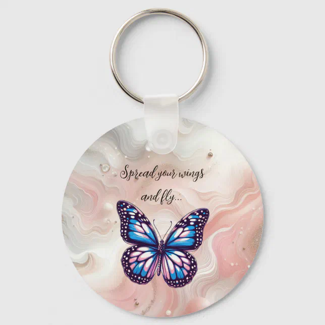 Blue and Pink Monarch Butterfly with Saying Keychain | Zazzle