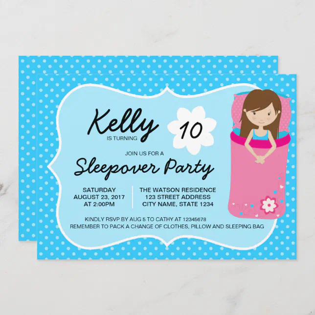 Blue and Pink Sleepover Party Birthday Invitation | Zazzle