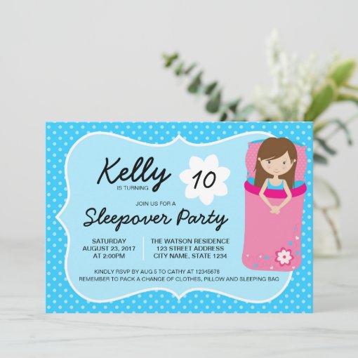 Blue and Pink Sleepover Party Birthday Invitation | Zazzle