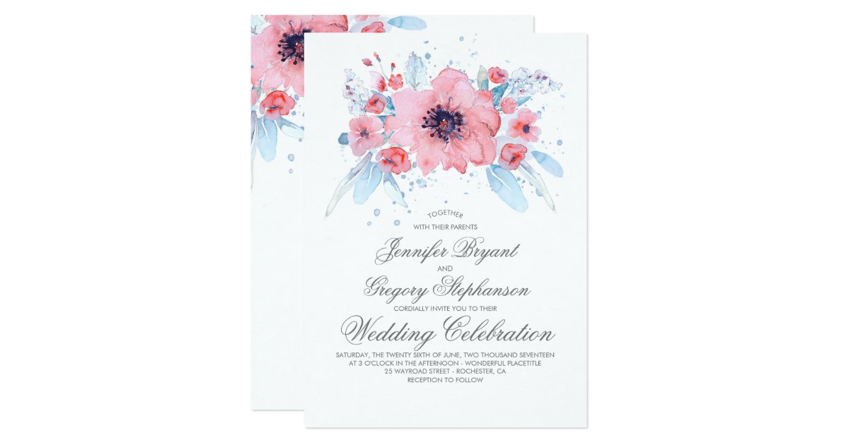 Blue and Pink Watercolors Floral Wedding Invitation | Zazzle.com