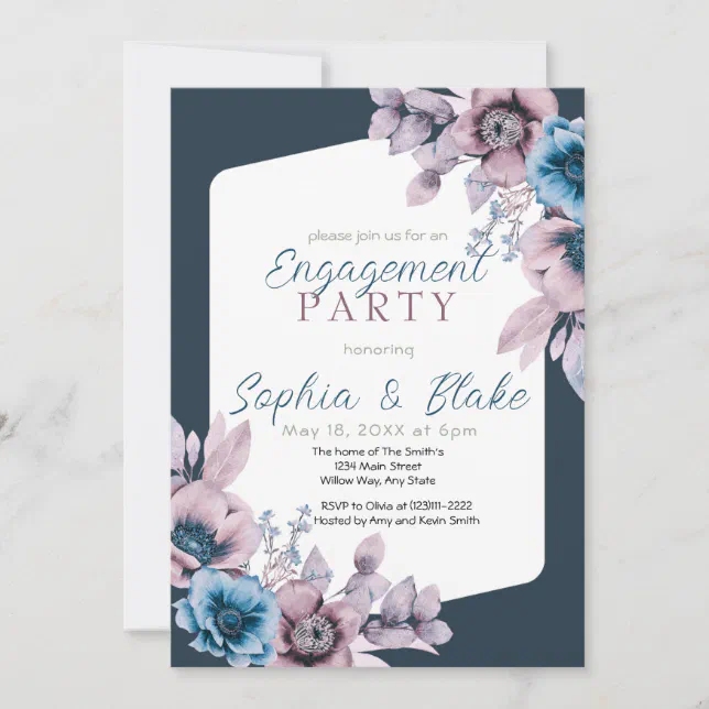 Blue and Purple Floral Gray Engagement Party Invitation | Zazzle