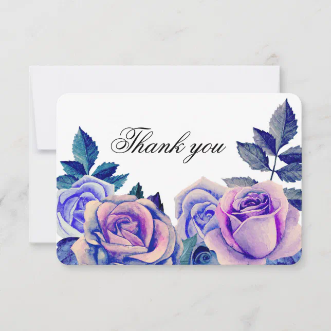 Blue and purple roses thank you. Floral wedding Thank You Card | Zazzle