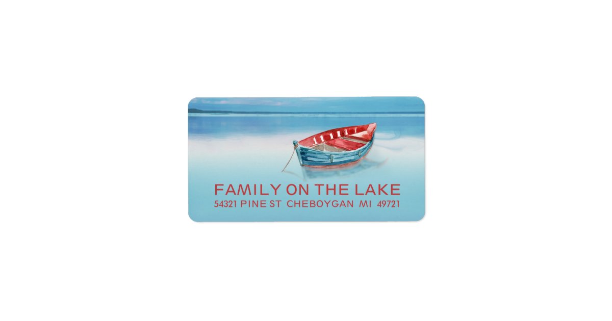Blue and Red Boat on Lake Label | Zazzle