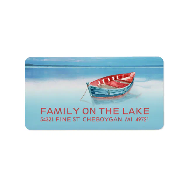 Blue and Red Boat on Lake Label | Zazzle