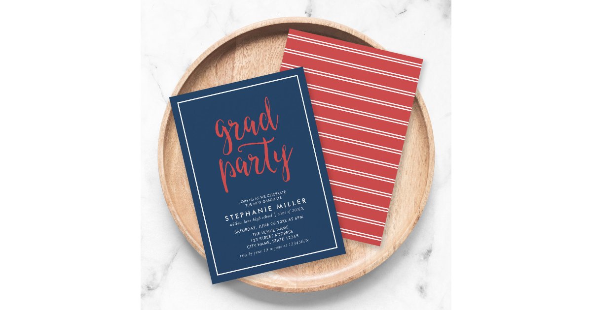 Blue and Red Script Grad Party Invitation | Zazzle