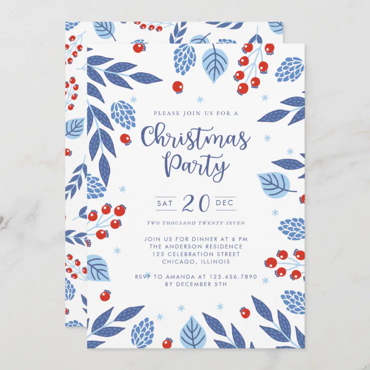 Blue and Red Winter Foliage Christmas Party Invitation | Zazzle