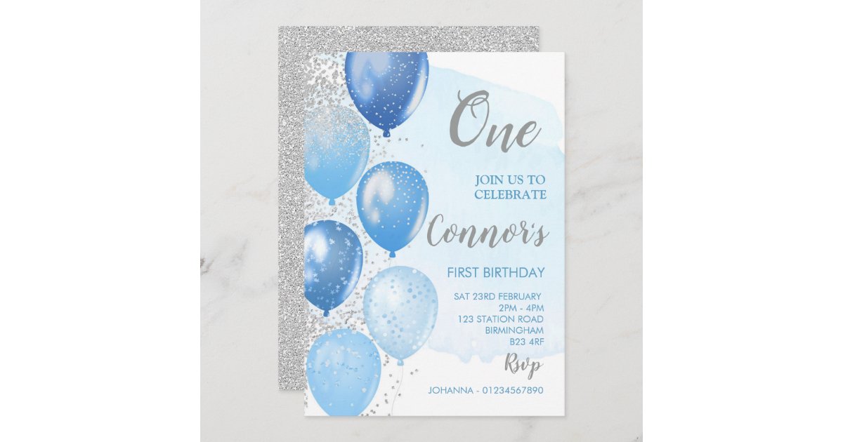 Blue and Silver First Birthday Invitation | Zazzle