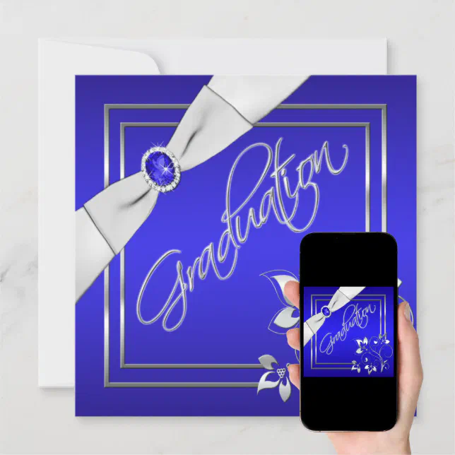 Blue and Silver Floral Photo Graduation Invitation | Zazzle