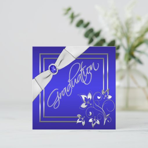 Blue and Silver Floral Photo Graduation Invitation | Zazzle
