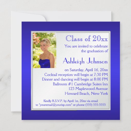 Blue and Silver Floral Photo Graduation Invitation | Zazzle