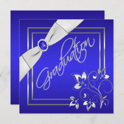 Blue and Silver Floral Photo Graduation Invitation | Zazzle