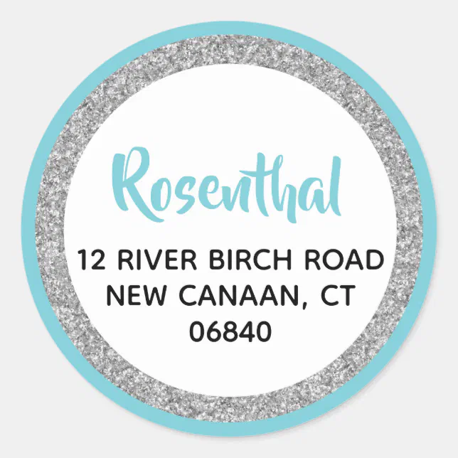 Blue and Silver Glitter Address Classic Round Sticker | Zazzle