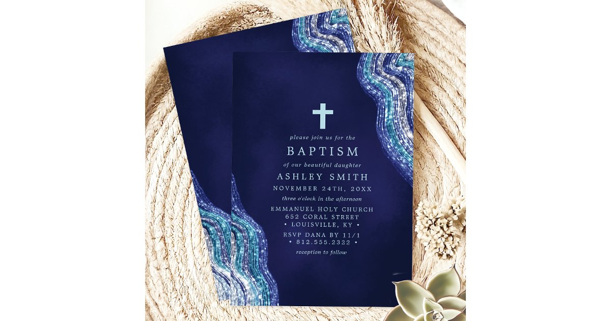 Blue and Silver Glitter Wave Water Baptism Invitation | Zazzle