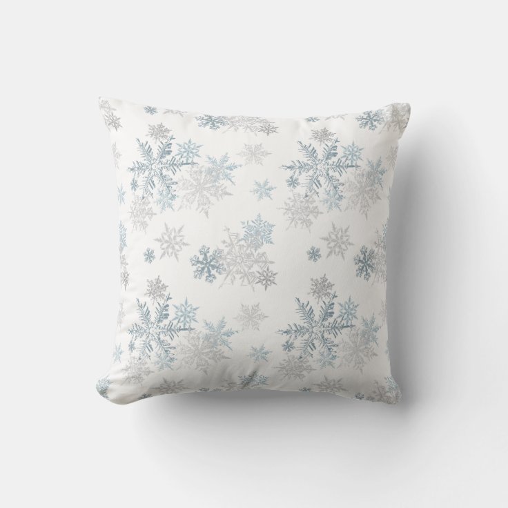 Blue and Silver Gray Winter Snowflake Throw Pillow | Zazzle