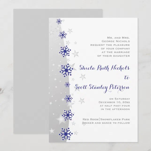 Blue and silver grey snowflake wedding invitation | Zazzle