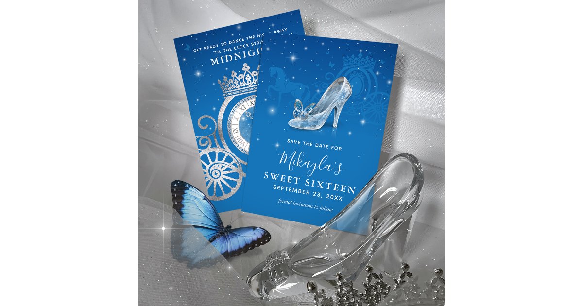 Blue and Silver Shoe Cinderella Sweet 16 Birthday Save The Date | Zazzle
