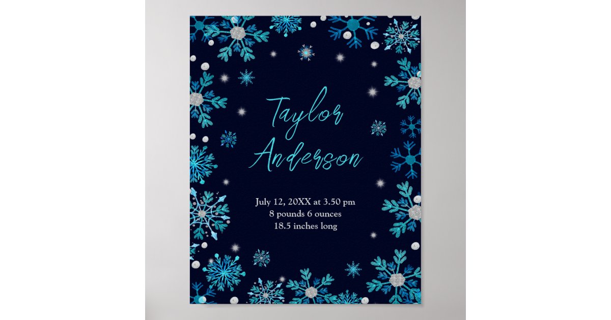 Blue and Silver Snowflakes Birth Stats Poster | Zazzle