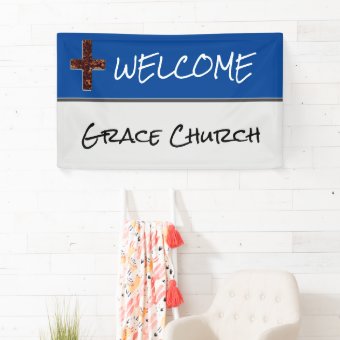 Blue and Silver With Cross Church Welcome Banner | Zazzle