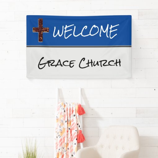 Blue and Silver With Cross Church Welcome Banner | Zazzle
