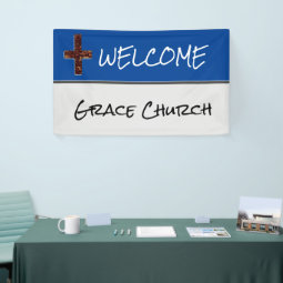 Blue and Silver With Cross Church Welcome Banner | Zazzle