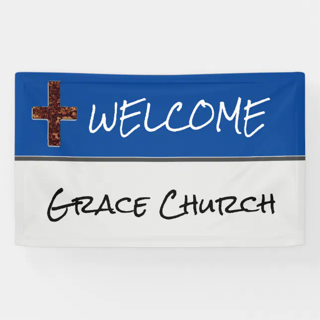 Blue and Silver With Cross Church Welcome Banner | Zazzle