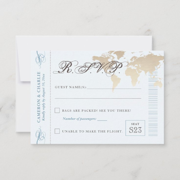 Blue and Tan RSVP World Map Boarding Pass Card | Zazzle