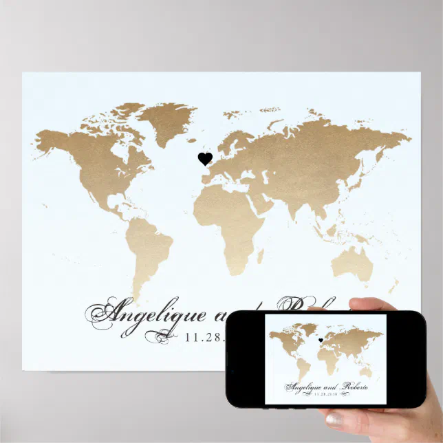 Blue and Tan World Map Guest Signature Poster | Zazzle