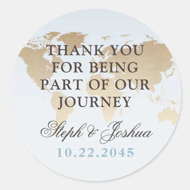 Blue and Tan World Map Thank You Favor Label | Zazzle
