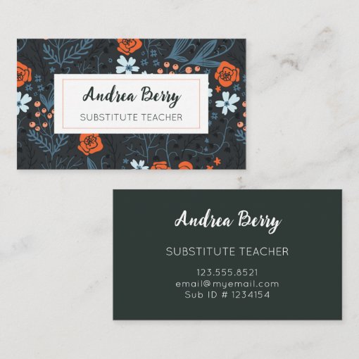 Blue and Tangerine Orange Substitute Teacher Business Card | Zazzle