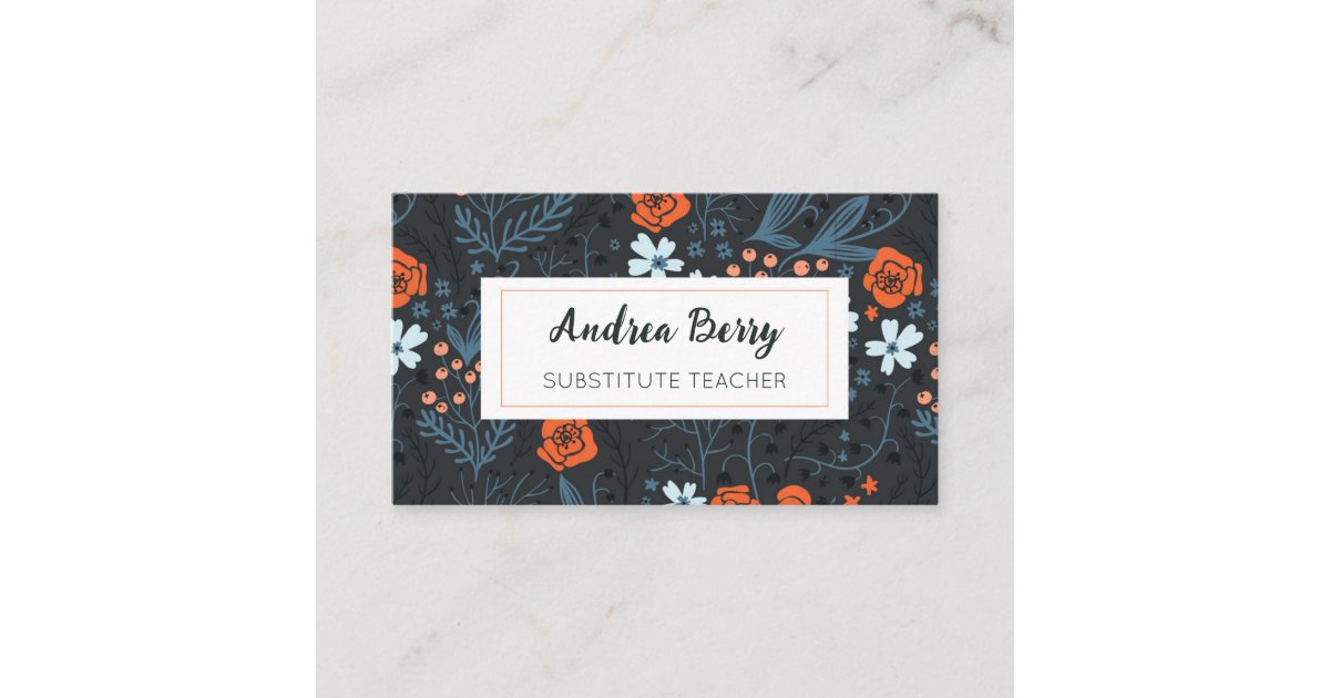 Blue and Tangerine Orange Substitute Teacher Business Card | Zazzle