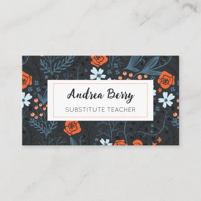 Blue and Tangerine Orange Substitute Teacher Business Card | Zazzle