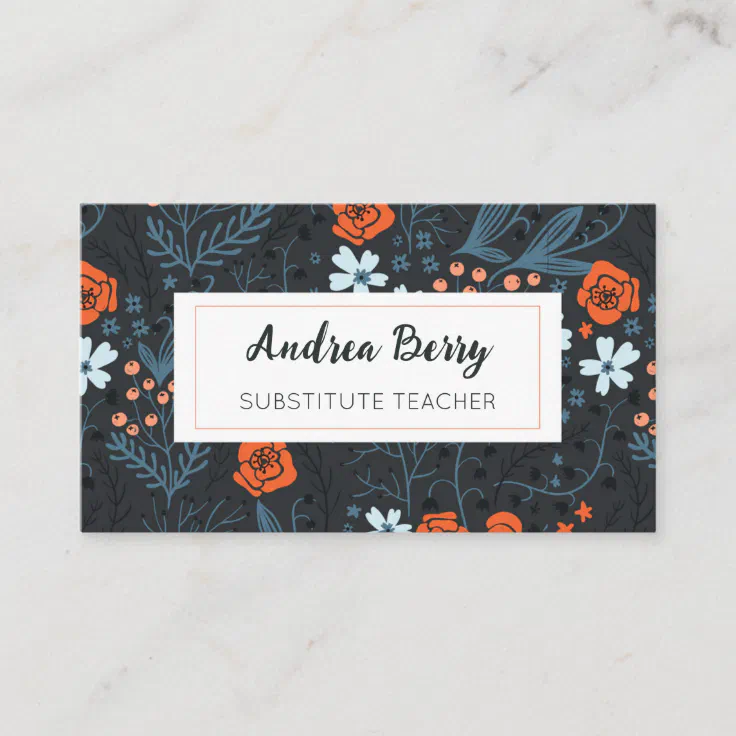Blue and Tangerine Orange Substitute Teacher Business Card | Zazzle