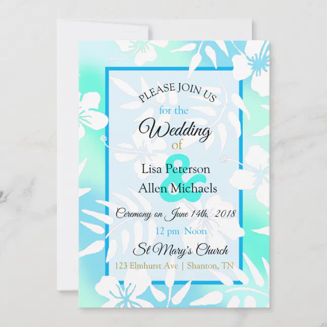Blue and Teal Hibiscus Wedding Invitation | Zazzle