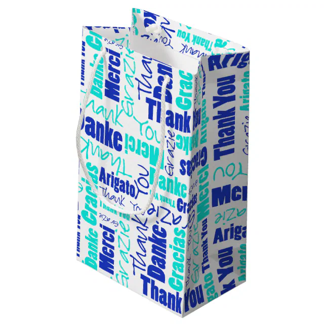 Blue and Turquoise Thank You Word Cloud Small Gift Bag | Zazzle