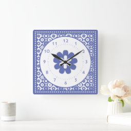 Blue and White American Country Kitchen Classic Square Wall Clock | Zazzle